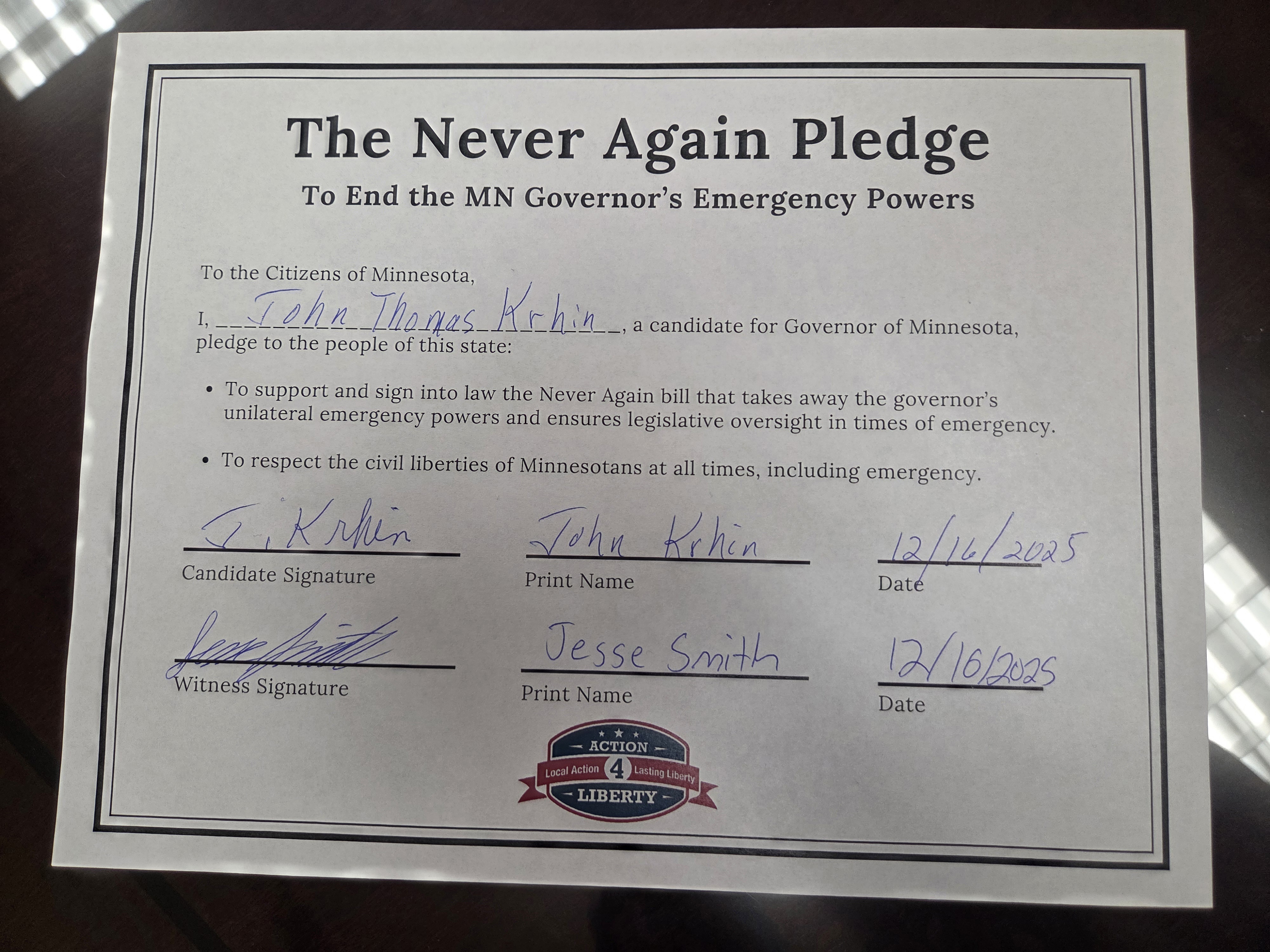 2026 Never Again Pledge Governor Signers & Refusers - Action 4 Liberty