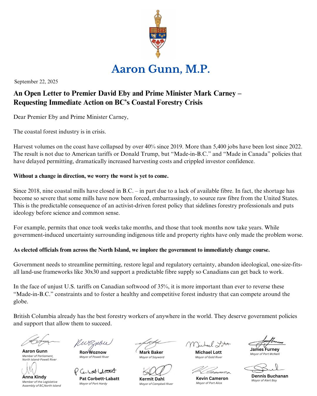 Conservative MLA Anna Kindy, MP Aaron Gunn, and North Island Mayors ...