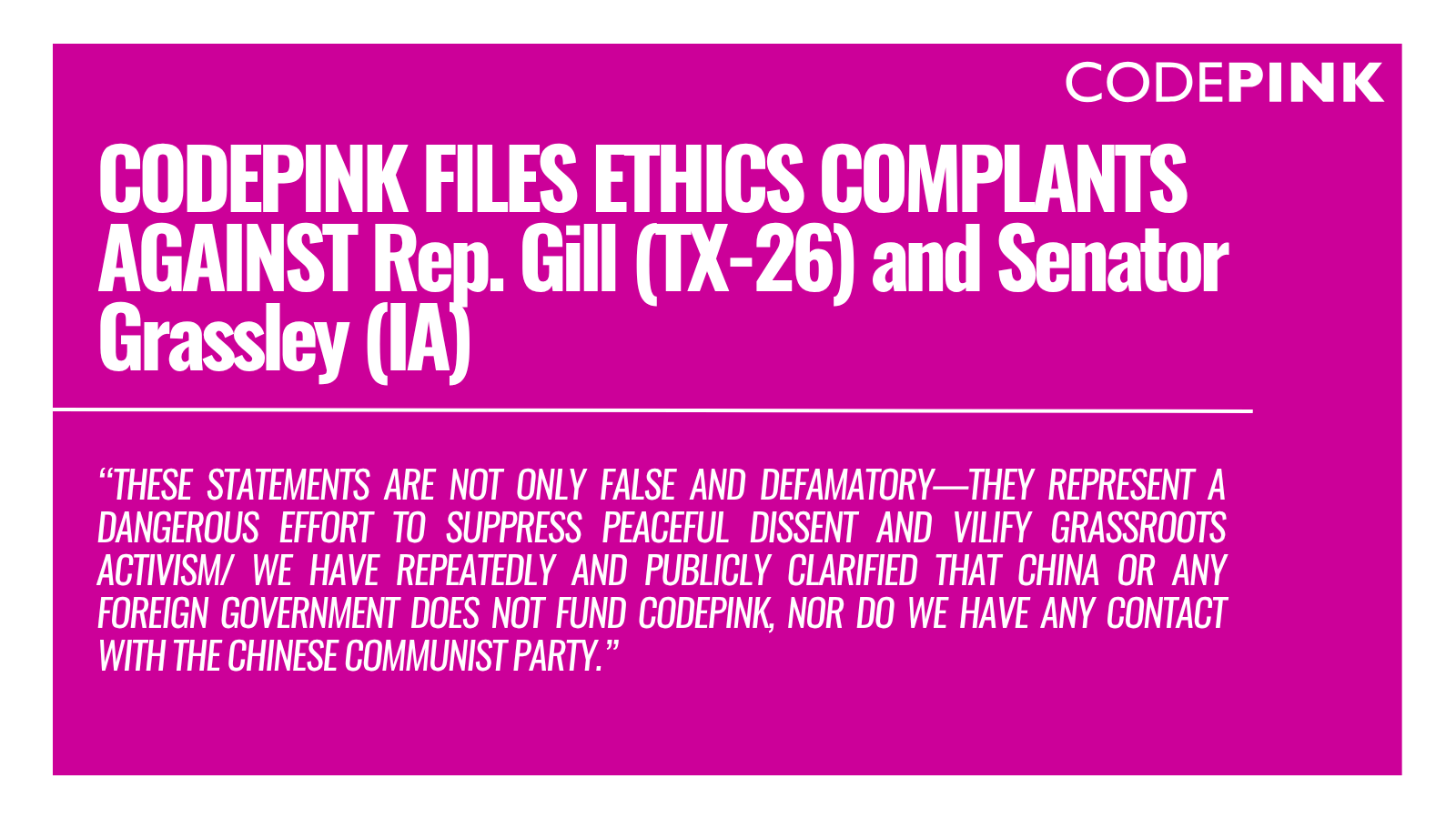 CODEPINK Files Ethics Complaints Against Rep. Gill (TX-26) and Senator ...