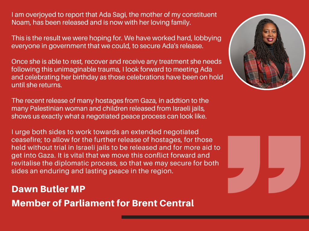 Statement following the release of my constituent's mother - Dawn Butler MP