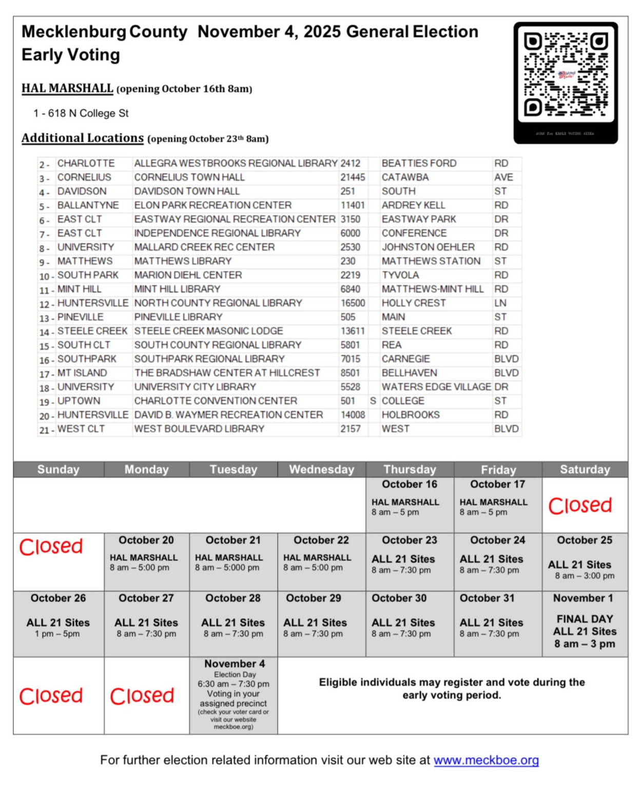 2025 Important Dates- Election Day- Early Voting- Mecklenburg County ...