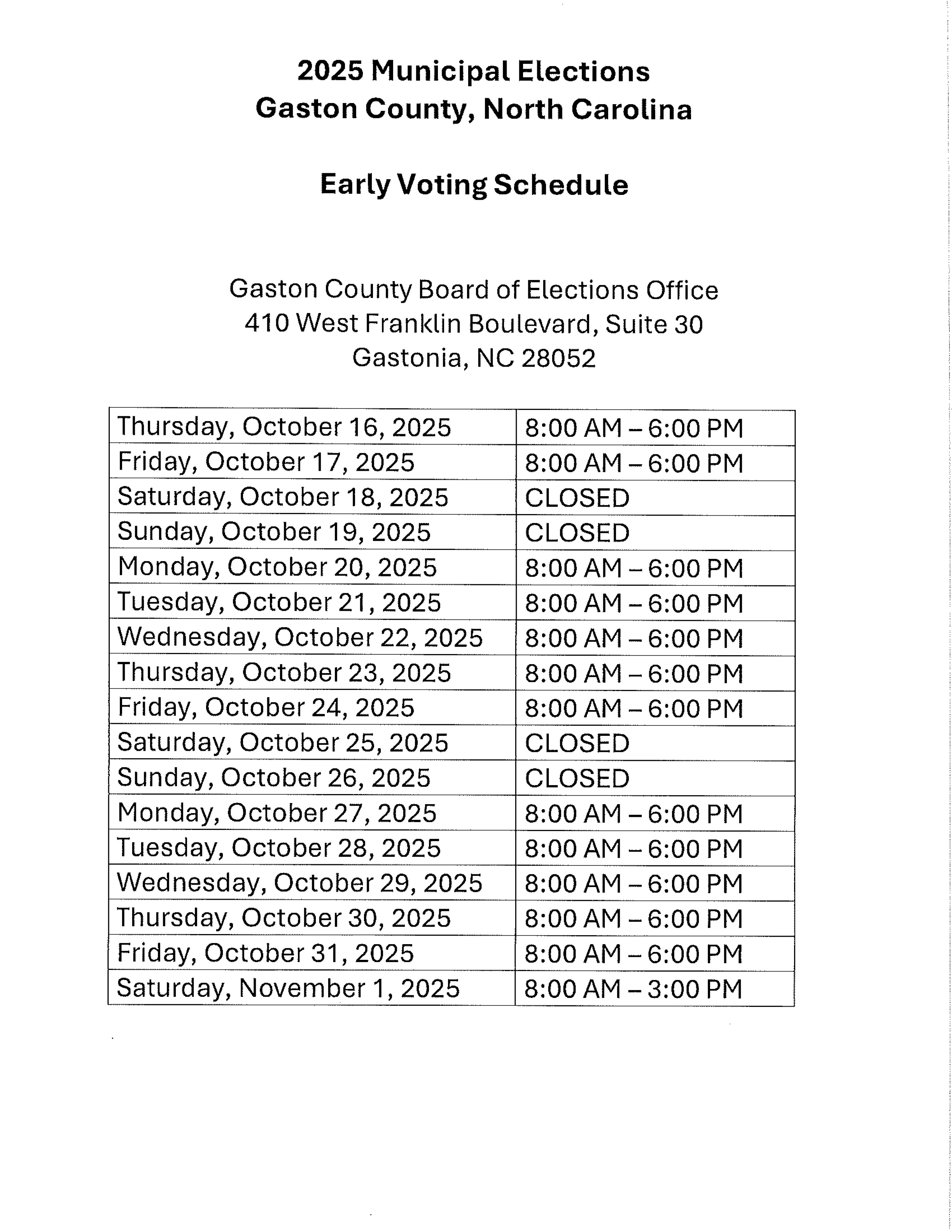 Early Voting Begins - October 16th - November 1st - Gaston County ...