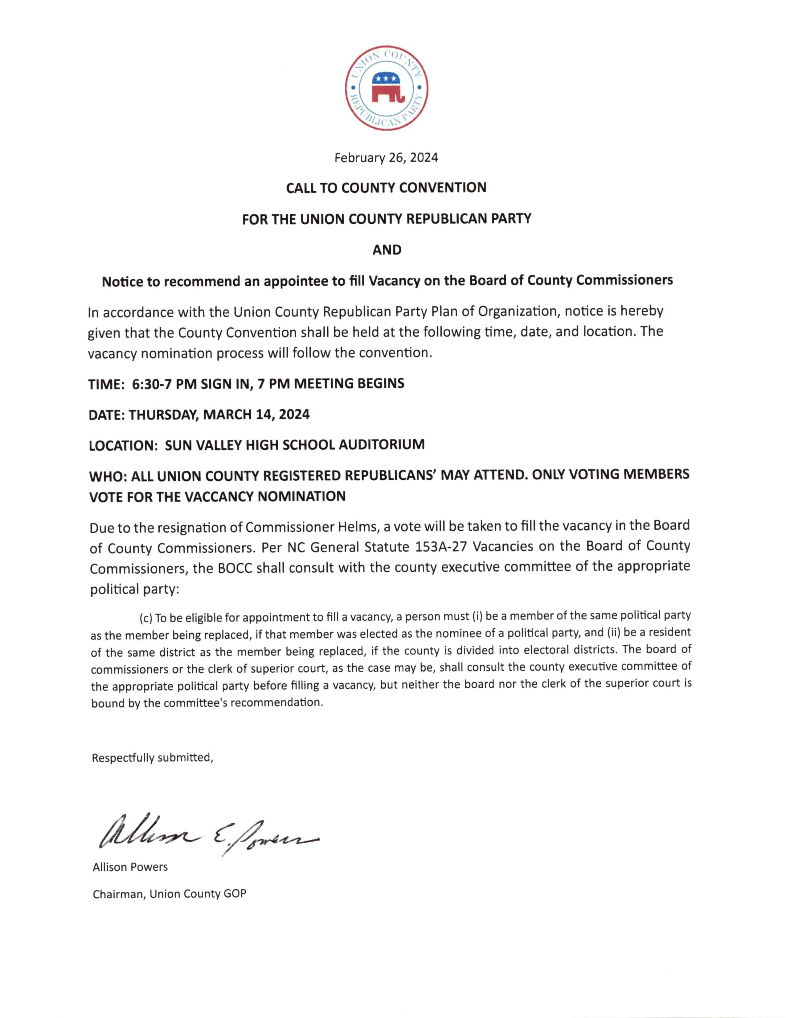 COUNTY CONVENTION AND VACANCY NOMINATION - Union County Republican Party