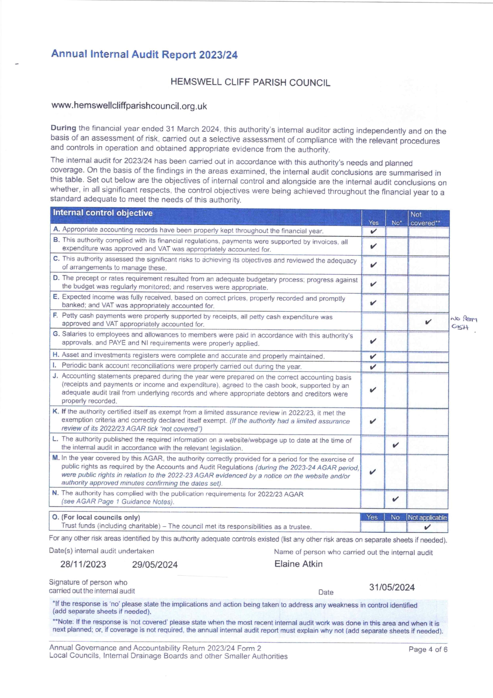 Internal Audit 2023-2024 - Hemswell Cliff Parish Council