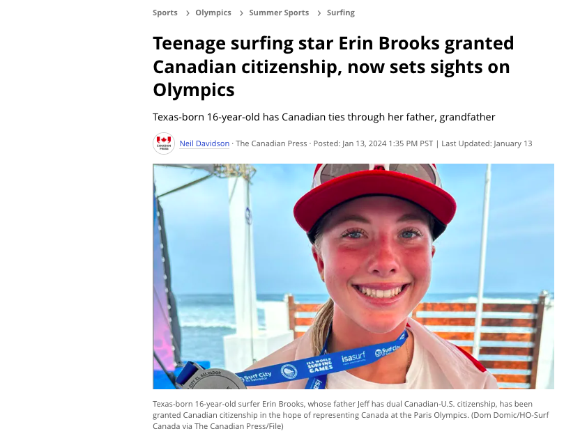 CBC: Teenage surfing star Erin Brooks granted Canadian citizenship, now ...