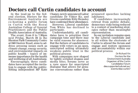 Doctors call Curtin candidates to account (22 Mar 2025) - Kate Chaney