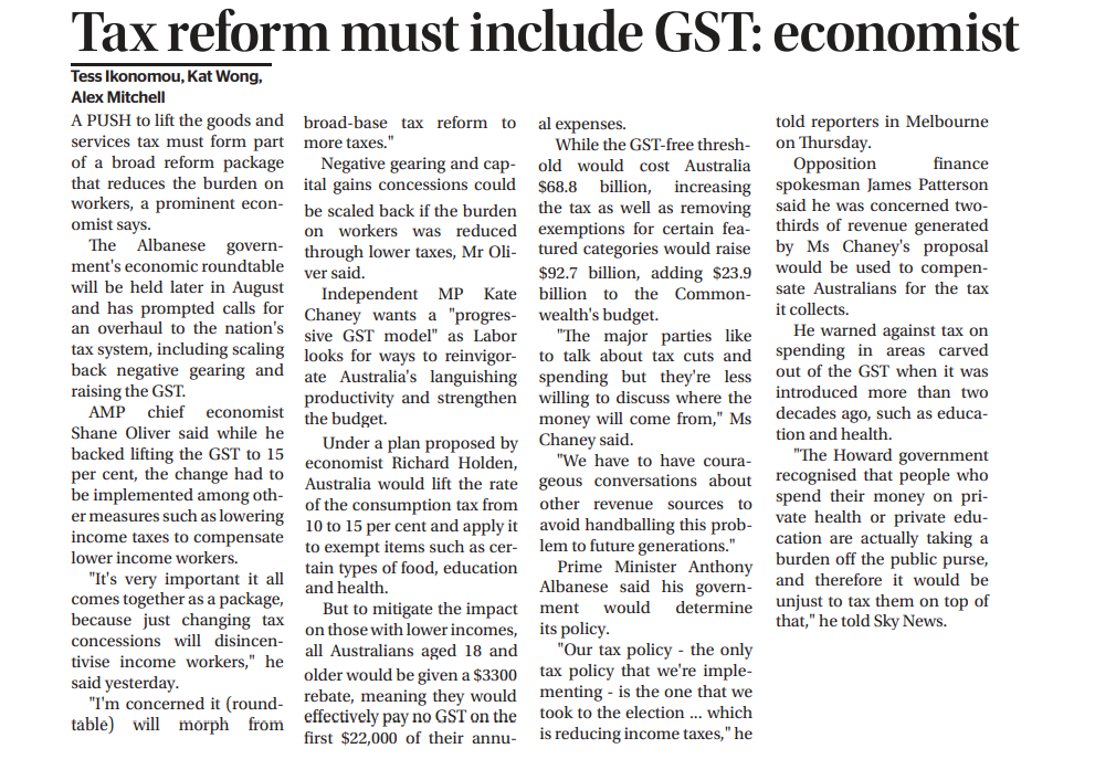 Tax reform must include GST: economist (8 Aug 2025) - Kate Chaney