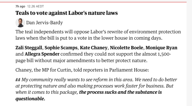 Teals to vote against Labor’s nature laws (5 Nov 2025) - Kate Chaney