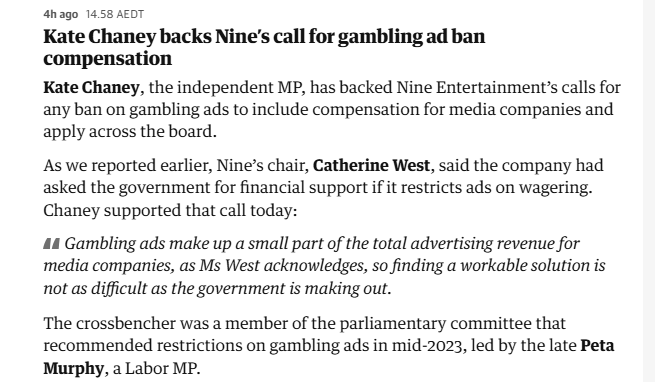 Kate Chaney backs Nine’s call for gambling ad ban compensation (7 Nov ...