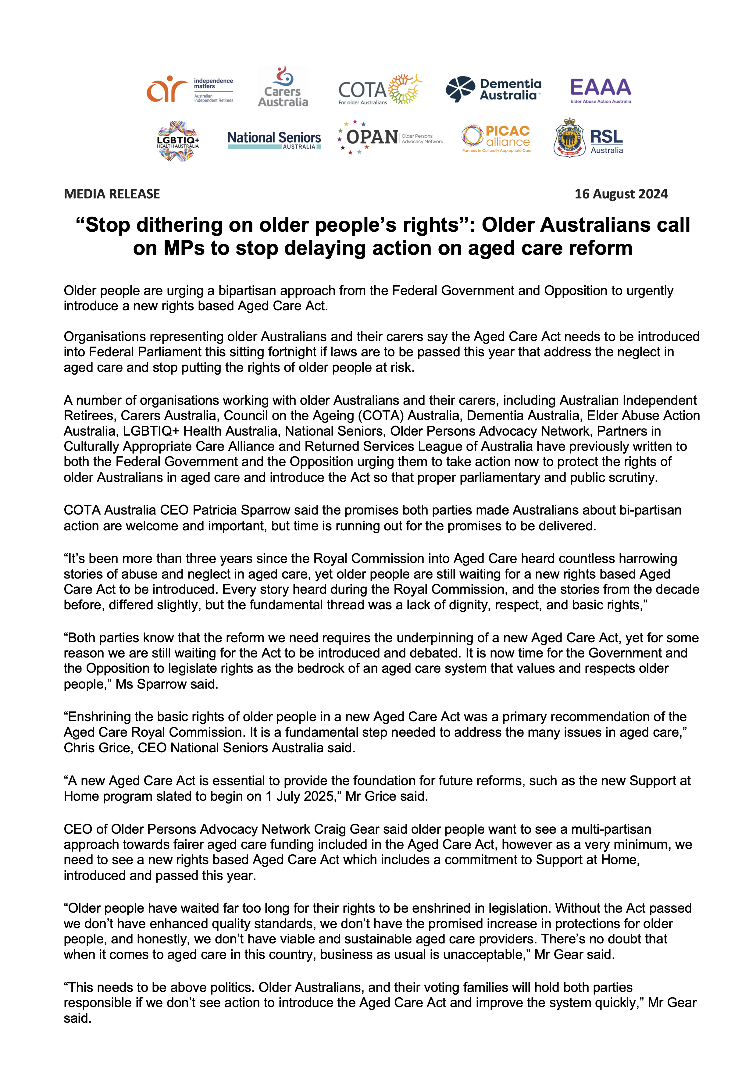 “Stop dithering on older people’s rights”: Older Australians call on ...