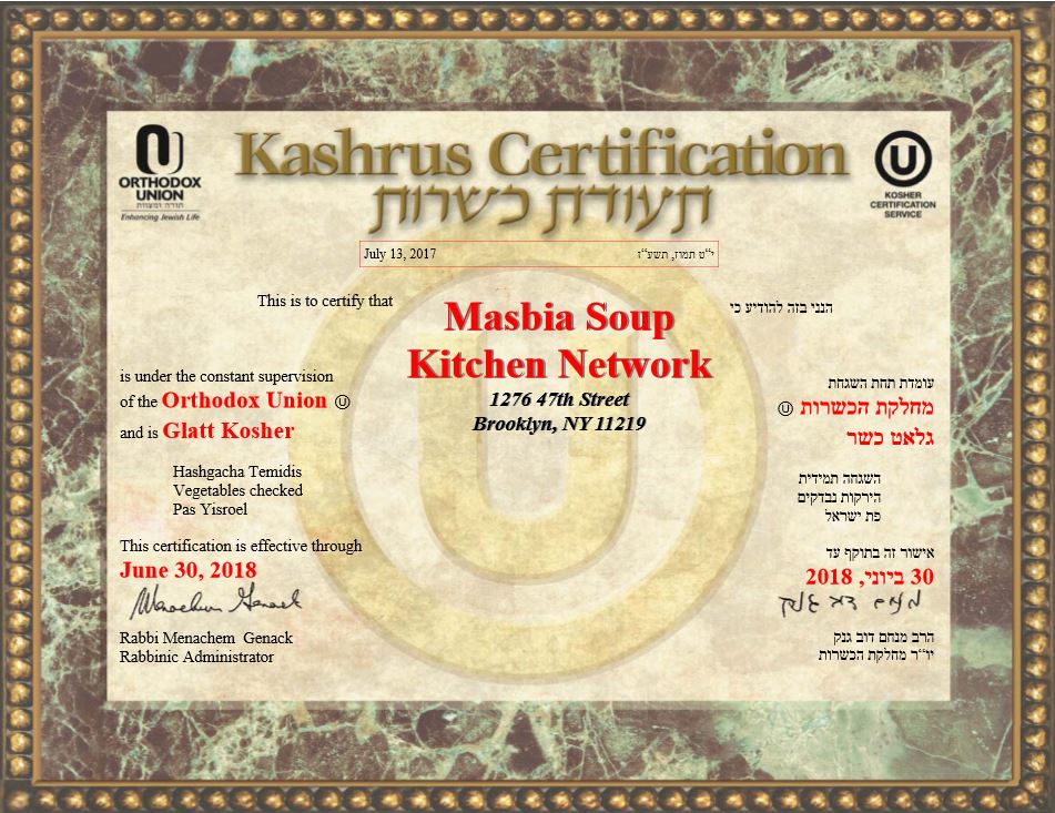 Kosher Certifying Agency Orthodox Union OU - Masbia Soup Kitchen Network