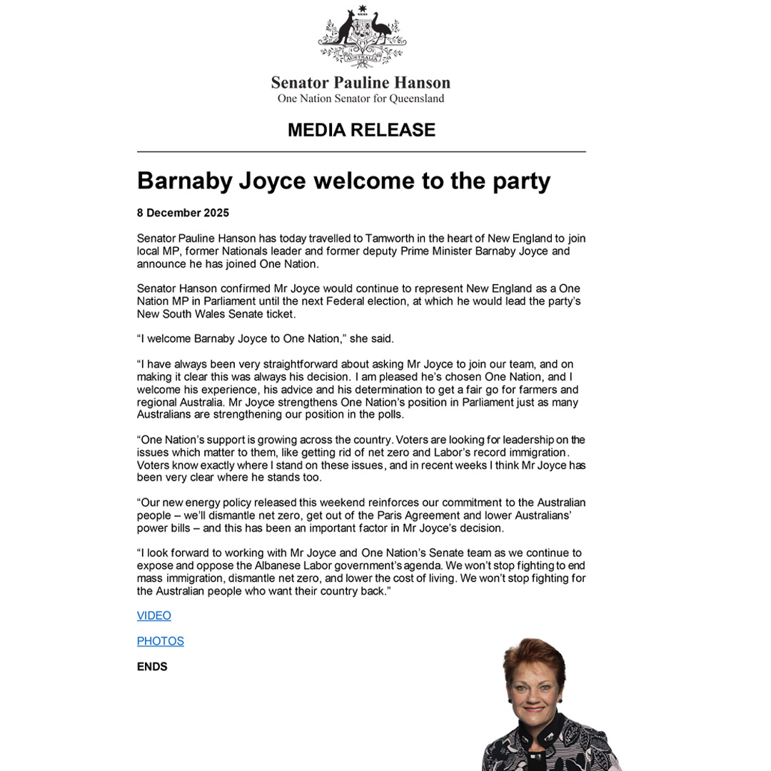 Barnaby Joyce Welcome to the Party - Pauline Hanson's One Nation