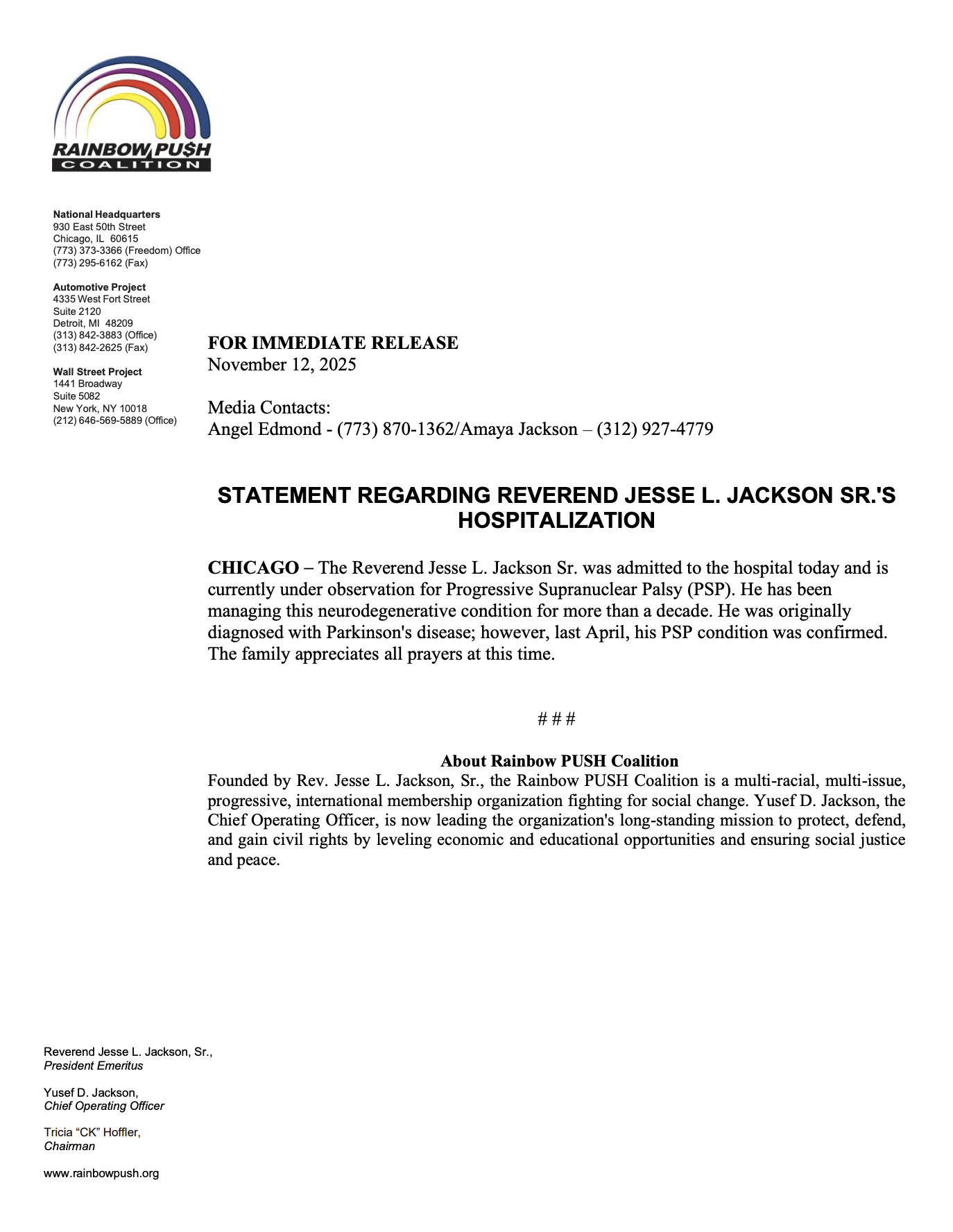 Statement Regarding Reverend Jesse L. Jackson Sr.'s Hospitalization ...