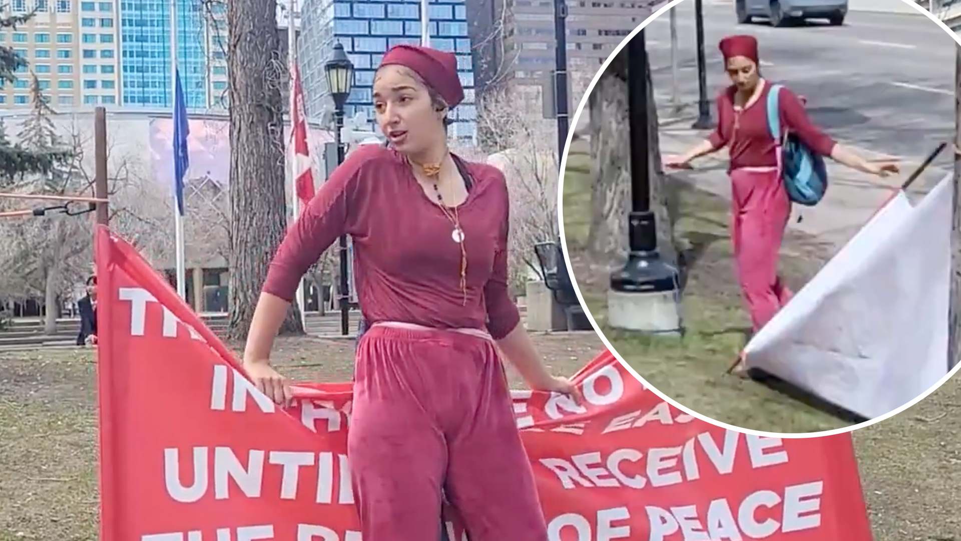 Pro-Hamas protester tears down Christian sign during Calgary protest ...