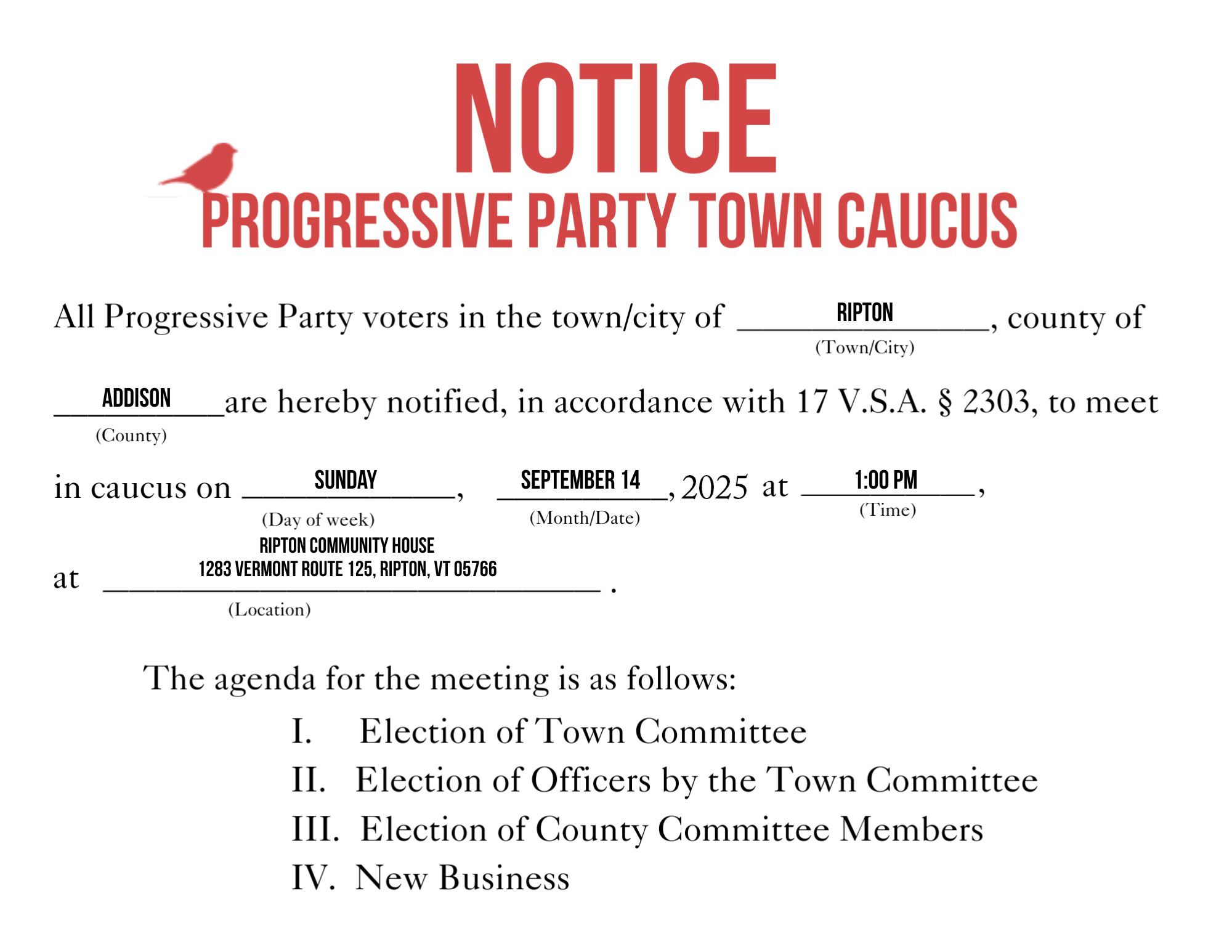 Ripton Town Caucus - Vermont Progressive Party