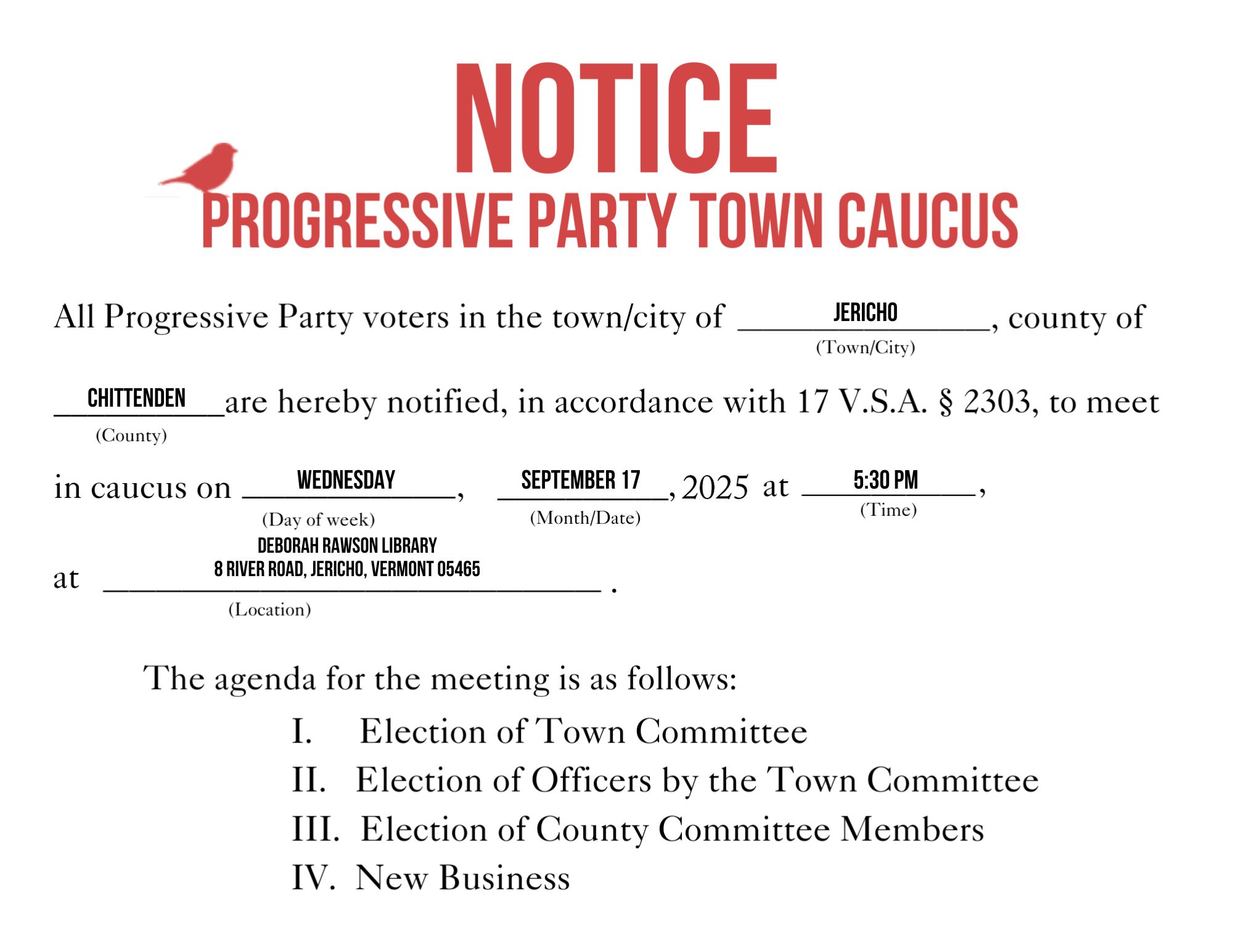 Jericho Town Caucus - Vermont Progressive Party